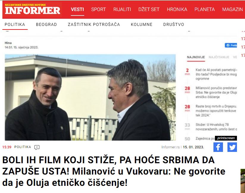 SRBIJANSKI MEDIJI NAPALI PREDSJEDNIKA HRVATSKE: 'Milanović hoće Srbima da zapuši usta ...