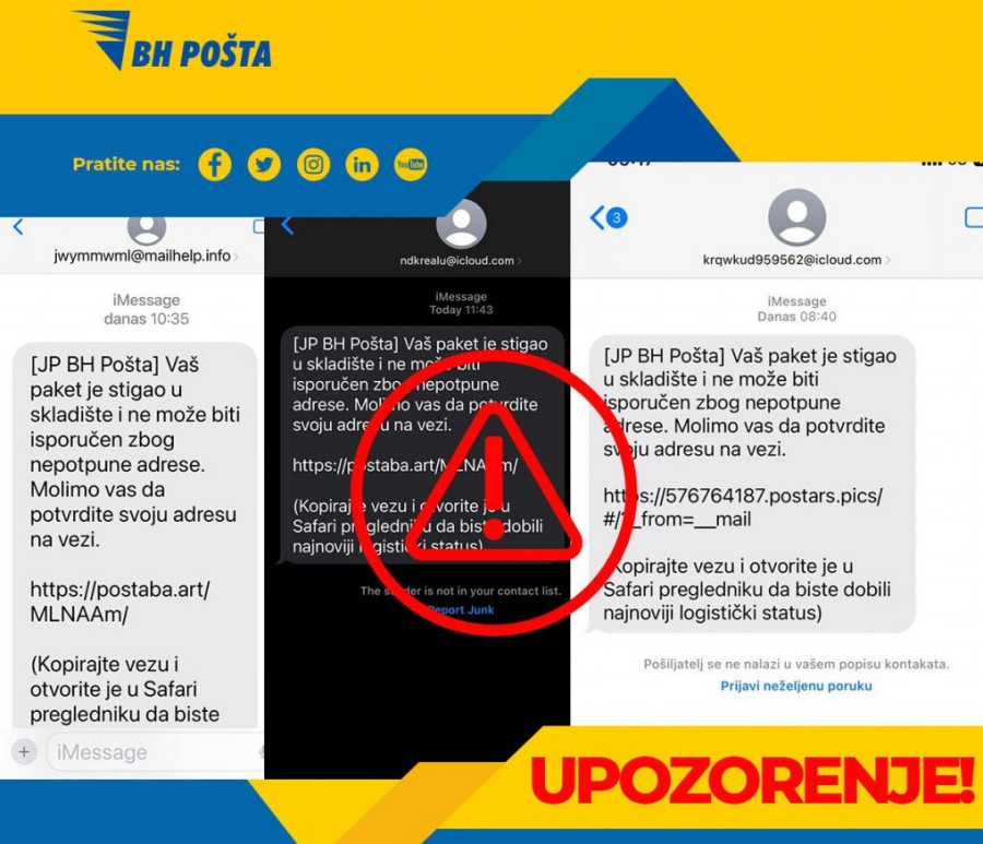 UPOZORENJE BH. POŠTE: Ne nasjedajte na lažne poruke o prispijeću paketa ...