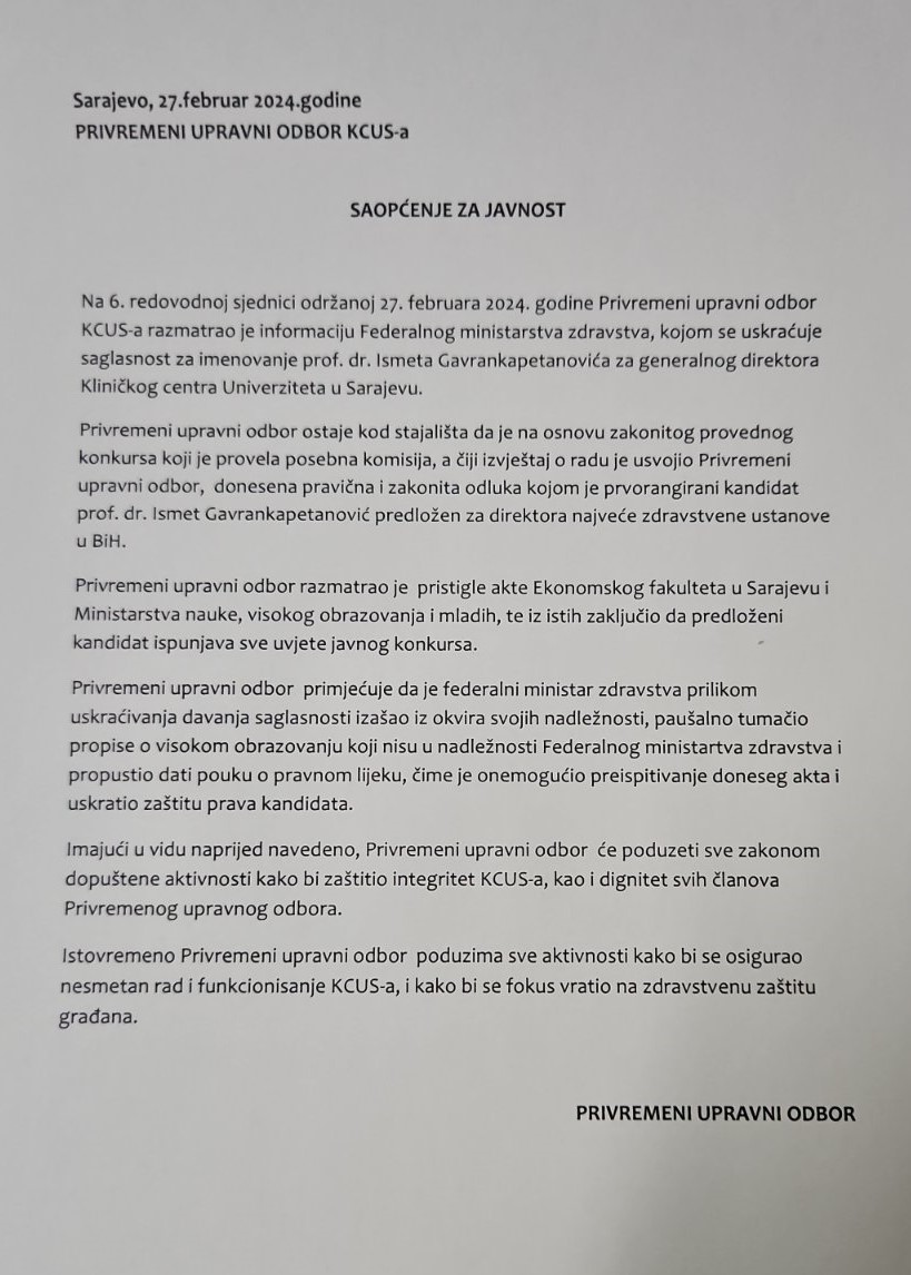 SAOPĆENJE PRIVREMENOG UPRAVNOG ODBORA KCUS-a: Razmatrali su informaciju ...