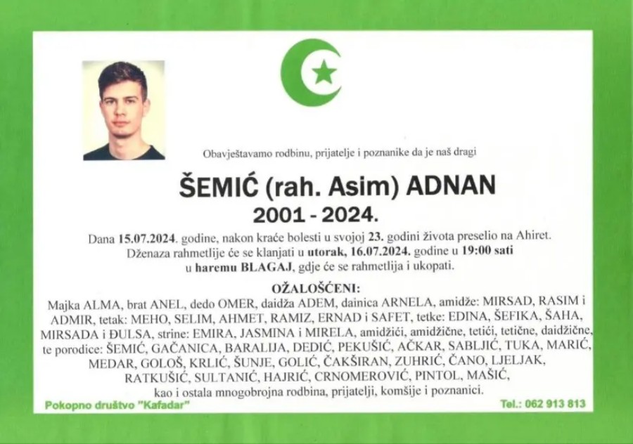 NIJE DOČEKAO OPERACIJU: U Mostaru sutra dženaza mladom Adnanu Šemiću ...